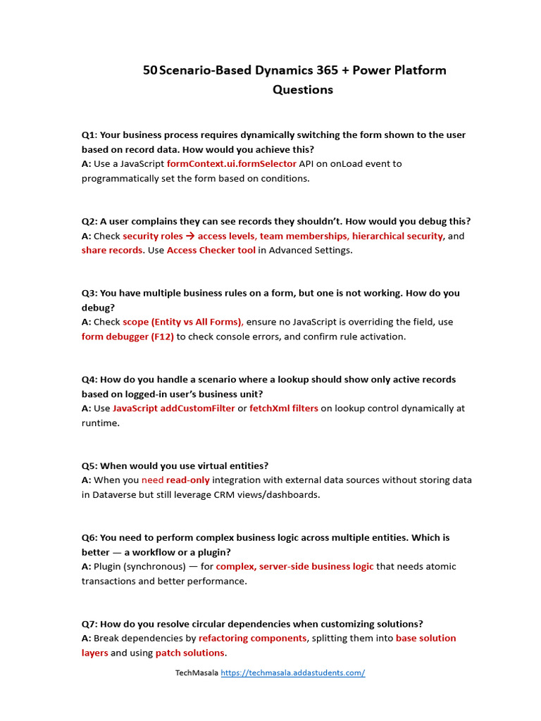 50 Scenario-Based Dynamics 365 + Power Platform Questions | PDF | Java Script | Microsoft Azure