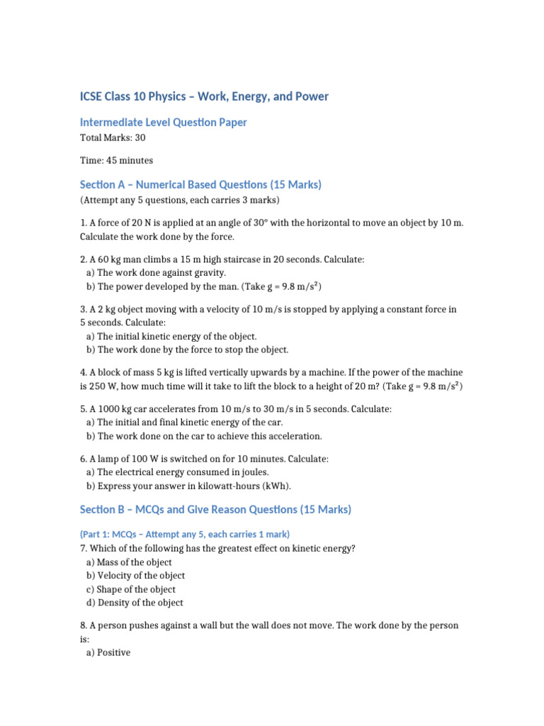 ICSE Class 10 Physics Question Paper | PDF | Force | Kinetic Energy