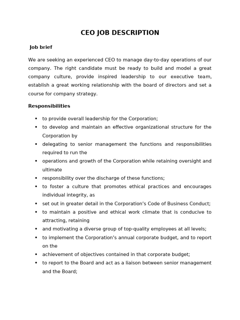 15-CEO Job Description | PDF | Leadership | Organizational Culture