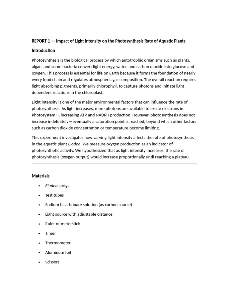 Impact of Light Intensity On The Photosynthesis Rate of Aquatic Plants ...