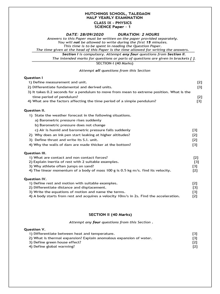 Class 9 Physics Hye QP | PDF | Force | Oscillation