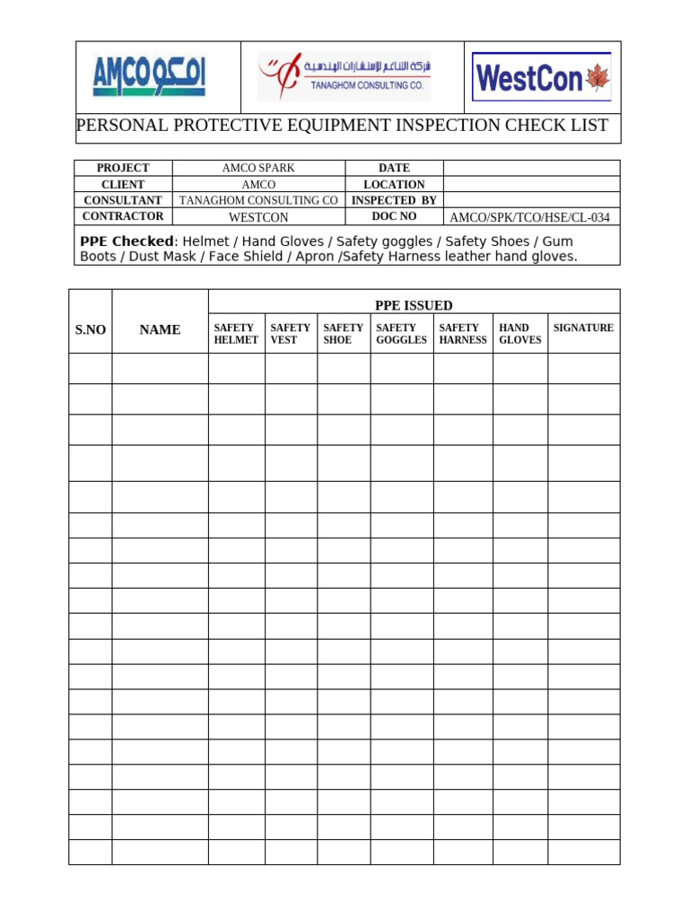 PPE Inspection Checklist for AMCO Project | PDF