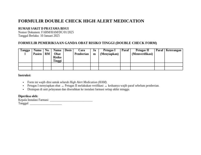 Formulir Double Check High Alert Medication | PDF