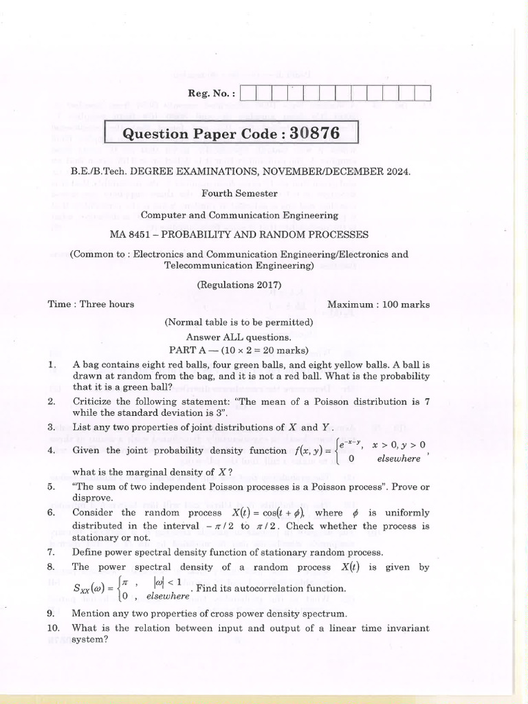 ECE ND 2024 MA 8451 Probability and Random Processes 363085172 30876 | PDF