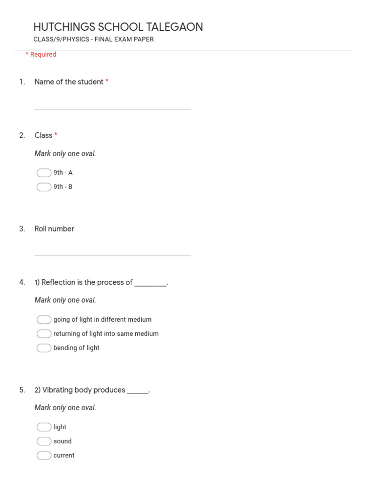 Class - 9 - Physics - Google Forms | PDF | Mirror | Sound