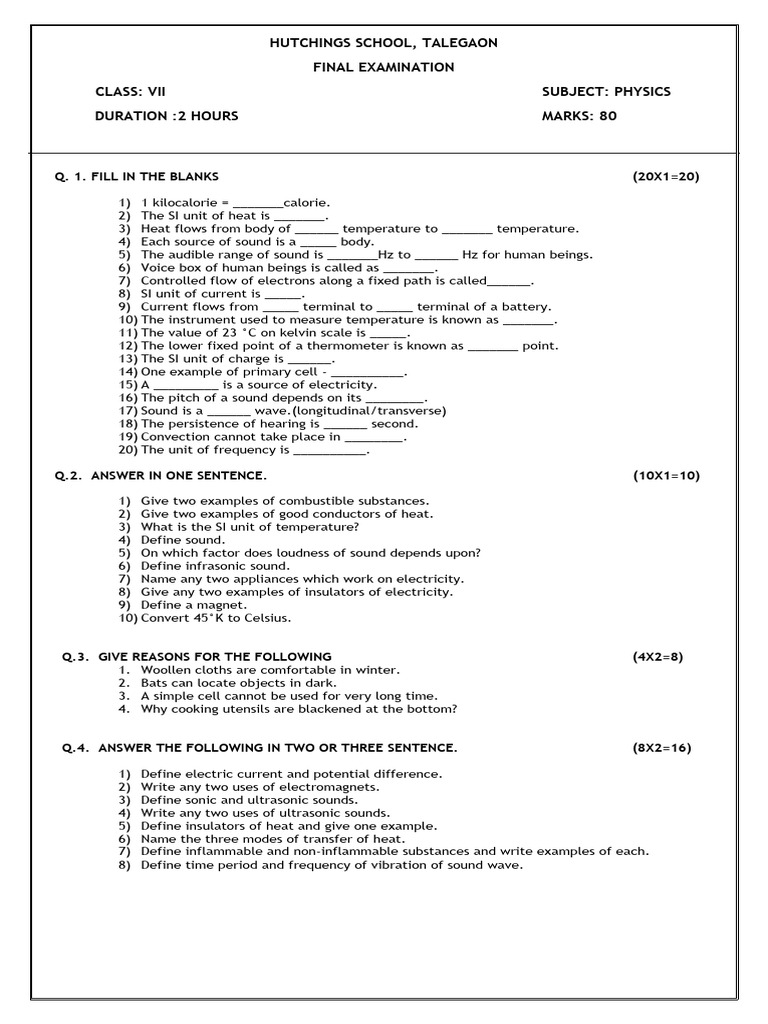 Class VII Physics Final Exam Paper | PDF | Sound | Temperature