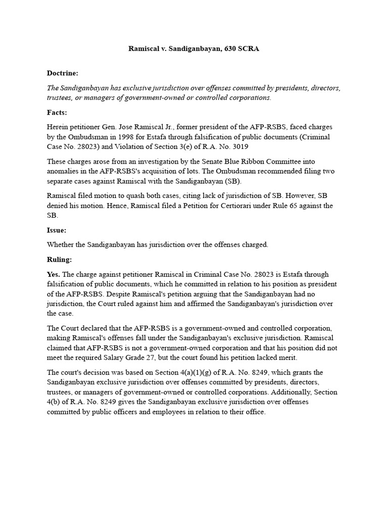Sandiganbayan Jurisdiction in Ramiscal Case | PDF