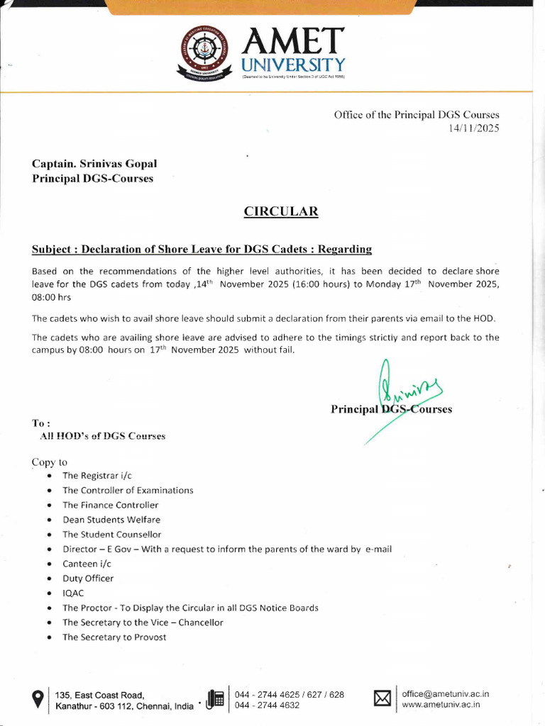 Shore Leave Circular 14.11.2025 | PDF | Academic Administration ...