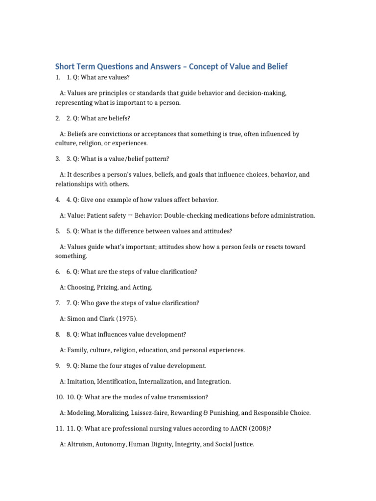 Short Term Questions Concept of Value and Belief | PDF | Value (Ethics ...