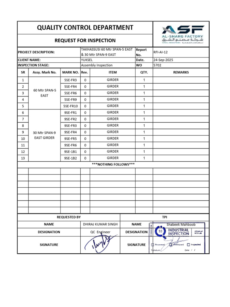 Assembly Inspection Report for Girder | PDF