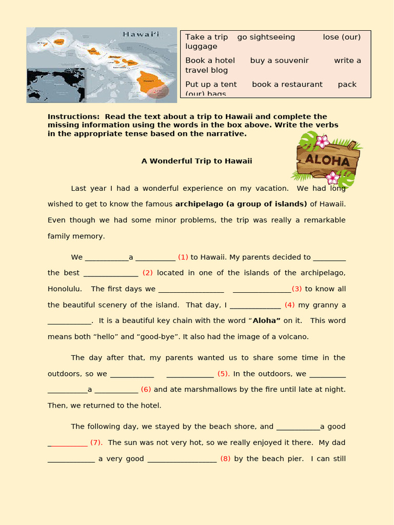 A Wonderful Trip To Hawaii Reading Comprehension Exercises Worksheet ...