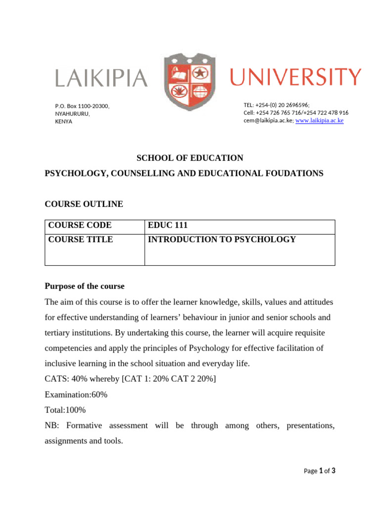 Introduction to Psychology Course Outline | PDF | Learning | Psychology