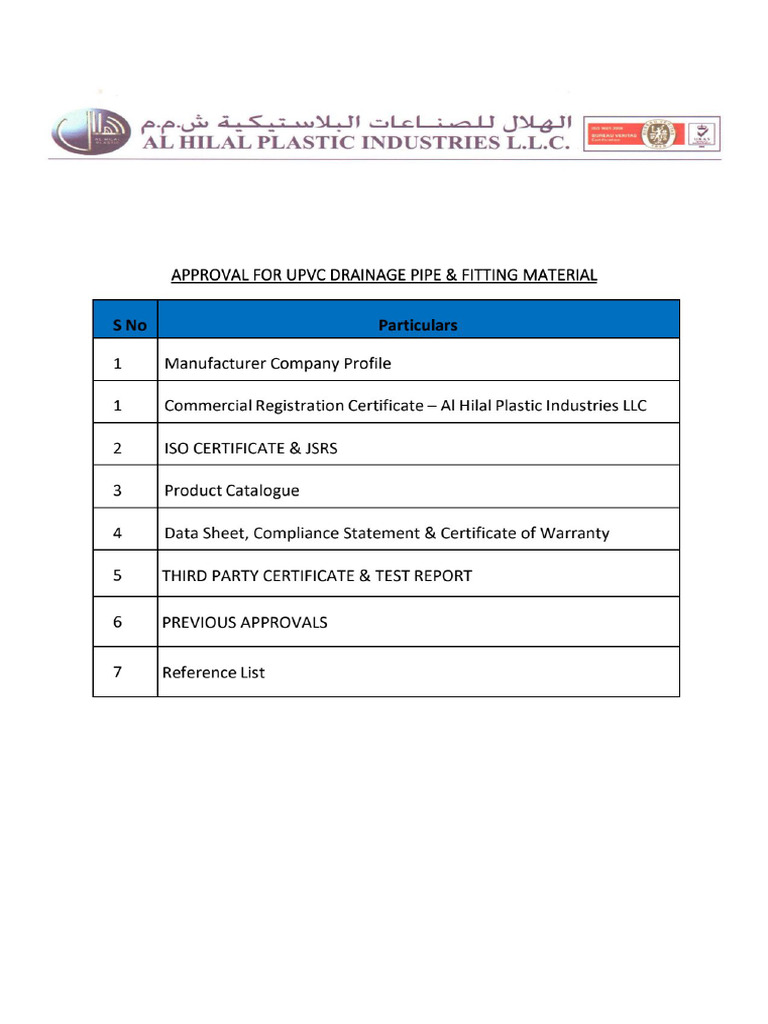 2025-Approval For Upvc Drainage Pipe & Fitting | PDF