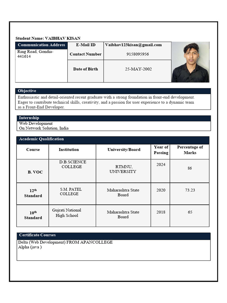 Front-End Developer Resume of Vaibhav Kisan | PDF