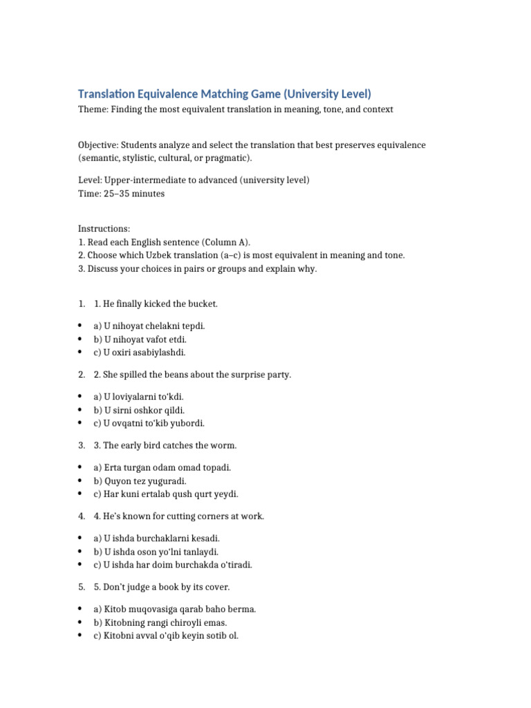 Translation Equivalence Matching Game | PDF