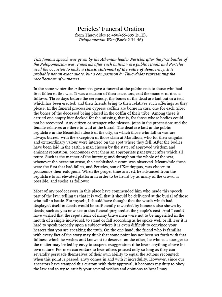 Pericles' Funeral Oration Analysis | PDF