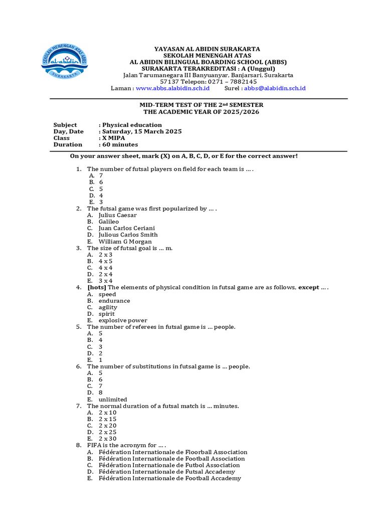 ABBS Physical Education Mid-Term Test | PDF | Gymnastics | Aerobic Exercise