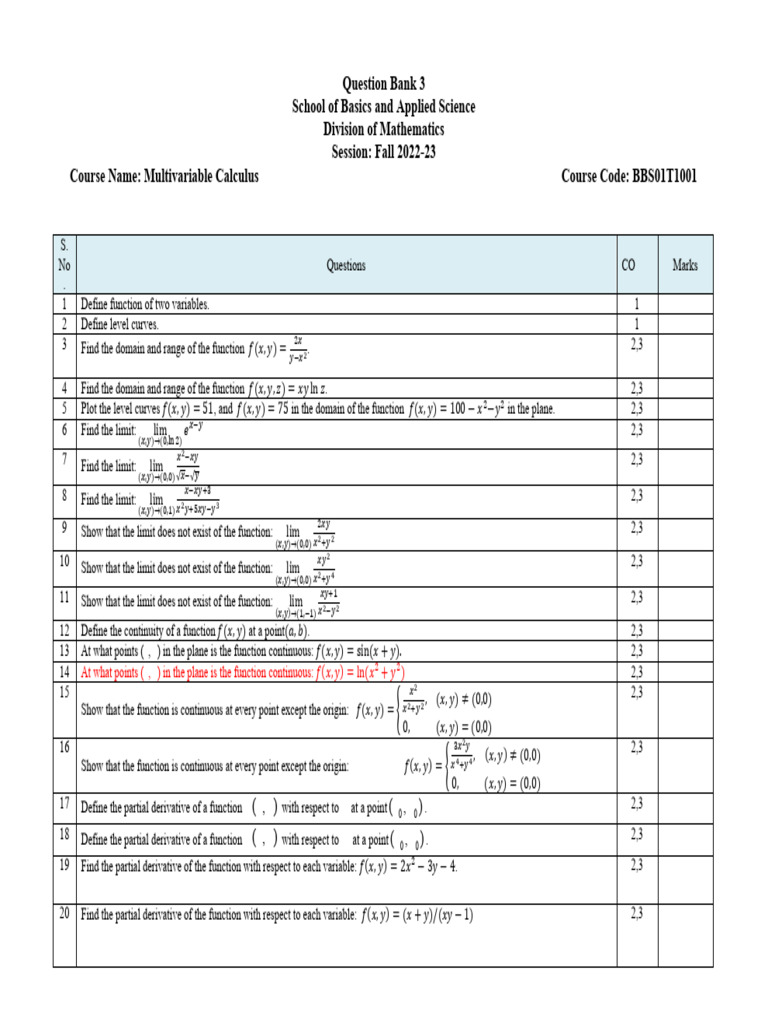 Multivariable Calculus Question Bank | PDF | Function (Mathematics ...