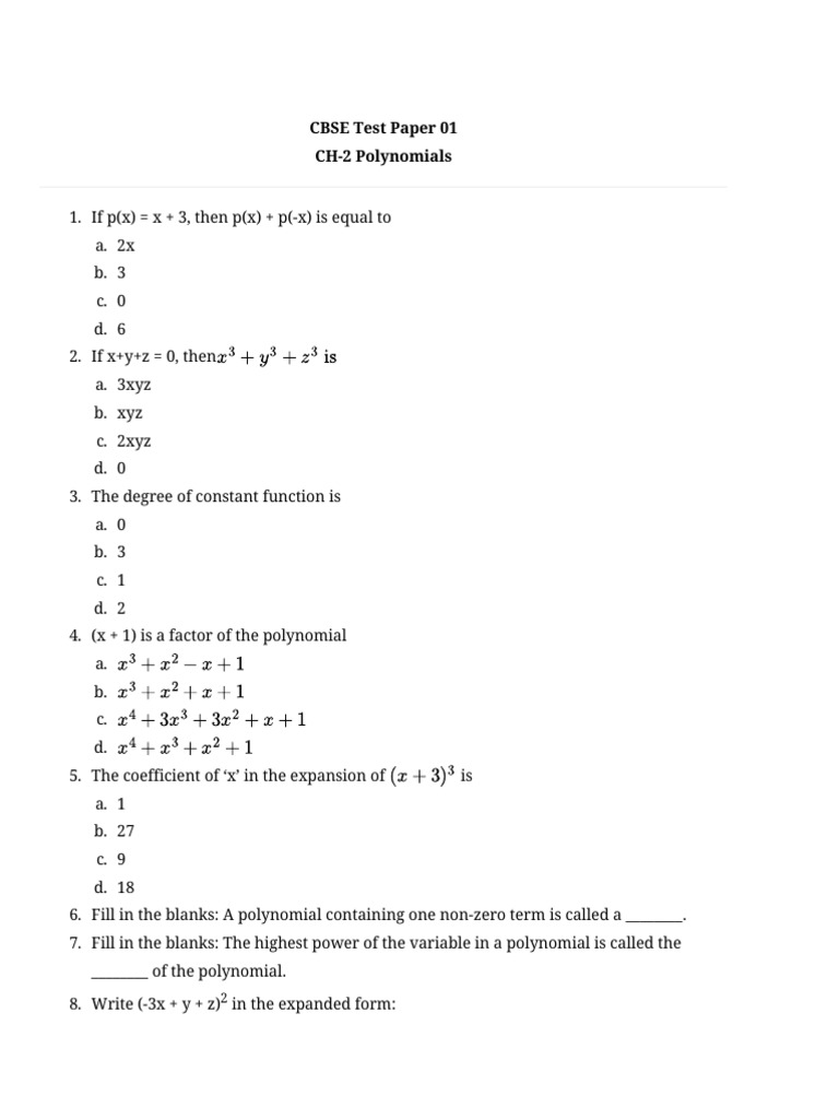 Polynomials Test Class 9 | PDF