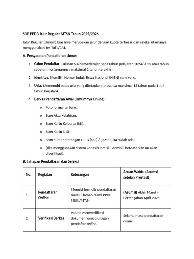 SOP PPDB Jalur Reguler MTSN 2025/2026 | PDF