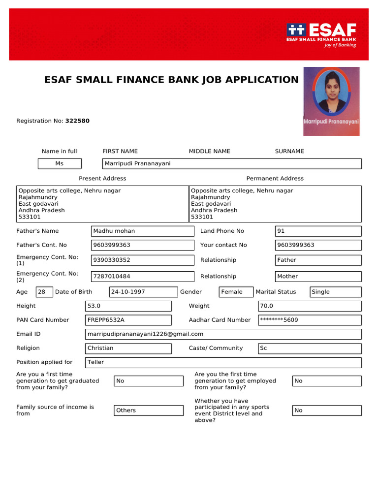 ESAF Bank Job Application Form | PDF