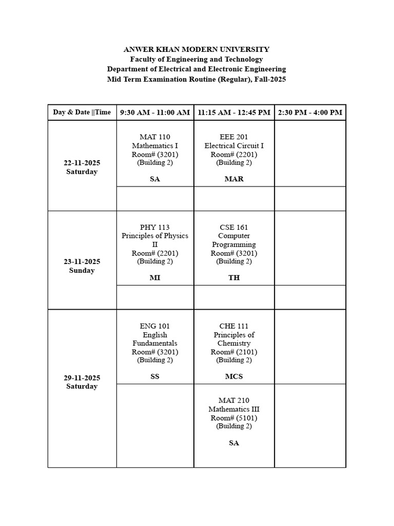 EEE - Regular - Fall Examination Routine | PDF | Electrical Engineering ...