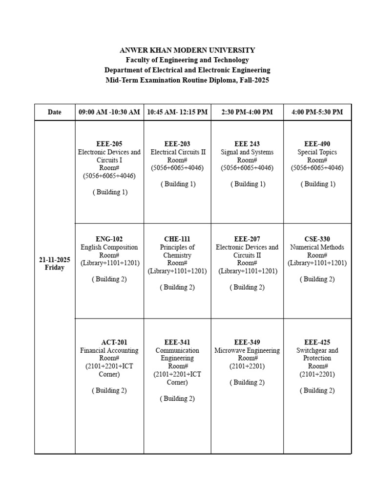 Fall 2025 EEE Mid-Term Exam Schedule | PDF | Electrical Engineering ...