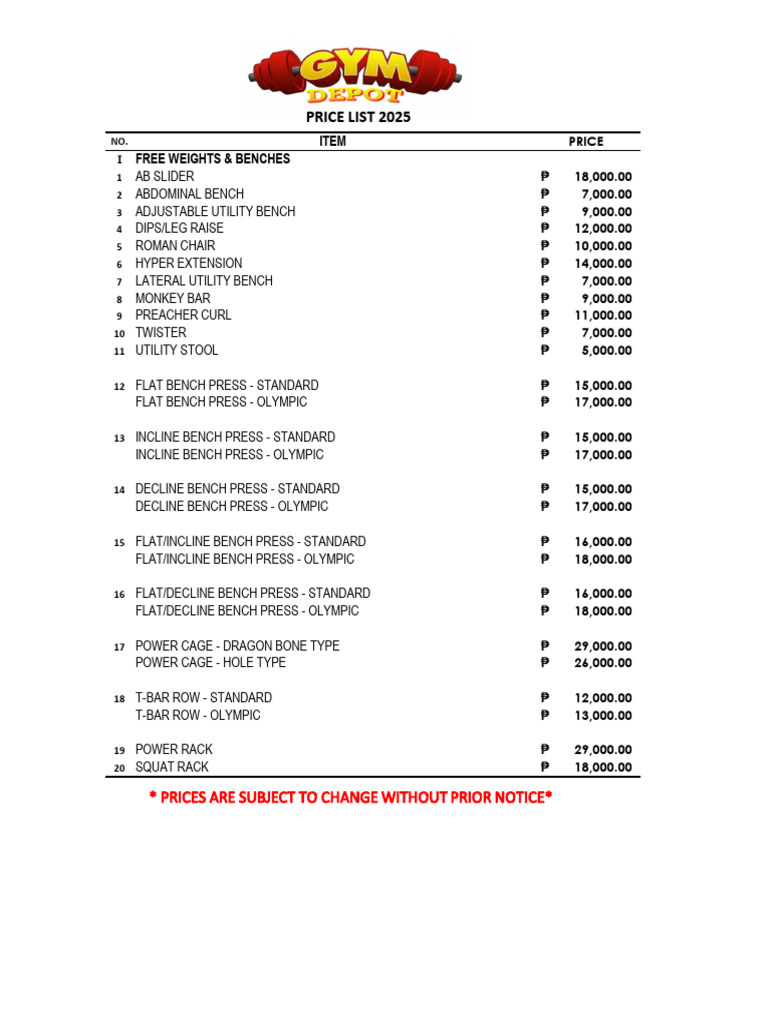 2025 Fitness Equipment Price List | PDF | Weight | Weight Training