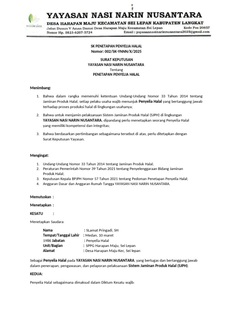 SURAT KEPUTUSAN PENETAPAN PENYELIA HALAL _ SPPG Harapan Maju, Sei Lepan ...