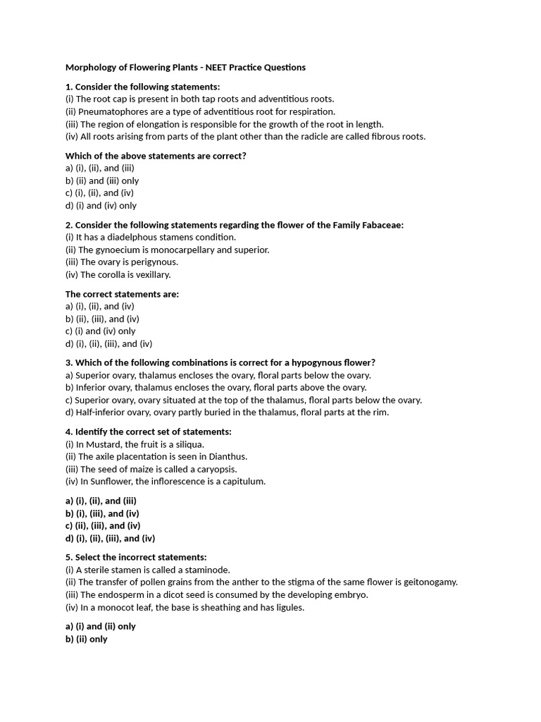 12 NEET WORKSHEET Morphology and Anatomy of Flowering Plants | PDF ...