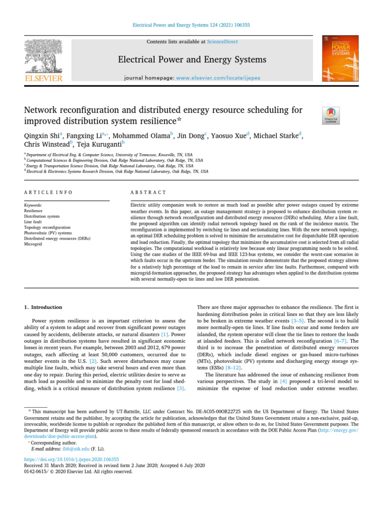 Network reconfiguration and distributed energy resource scheduling for improved distribution ...