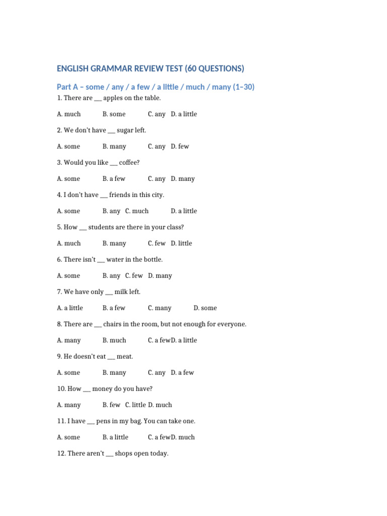 English Grammar Review Test: 60 Questions | PDF
