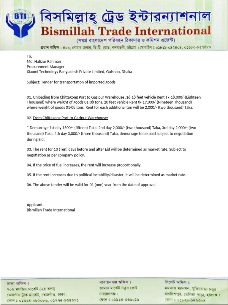 Tender for Transportation Services | PDF