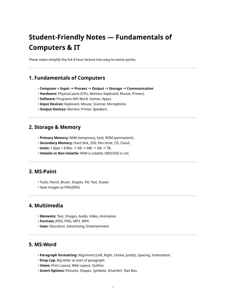 Detailed - Fundamentals of Computers & It (Expanded) | PDF | Computer Data Storage | Computer ...