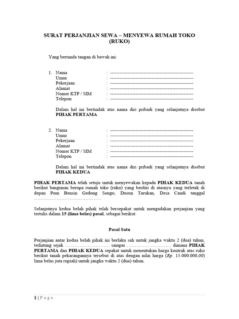 Perjanjian Sewa Ruko 2 Tahun | PDF