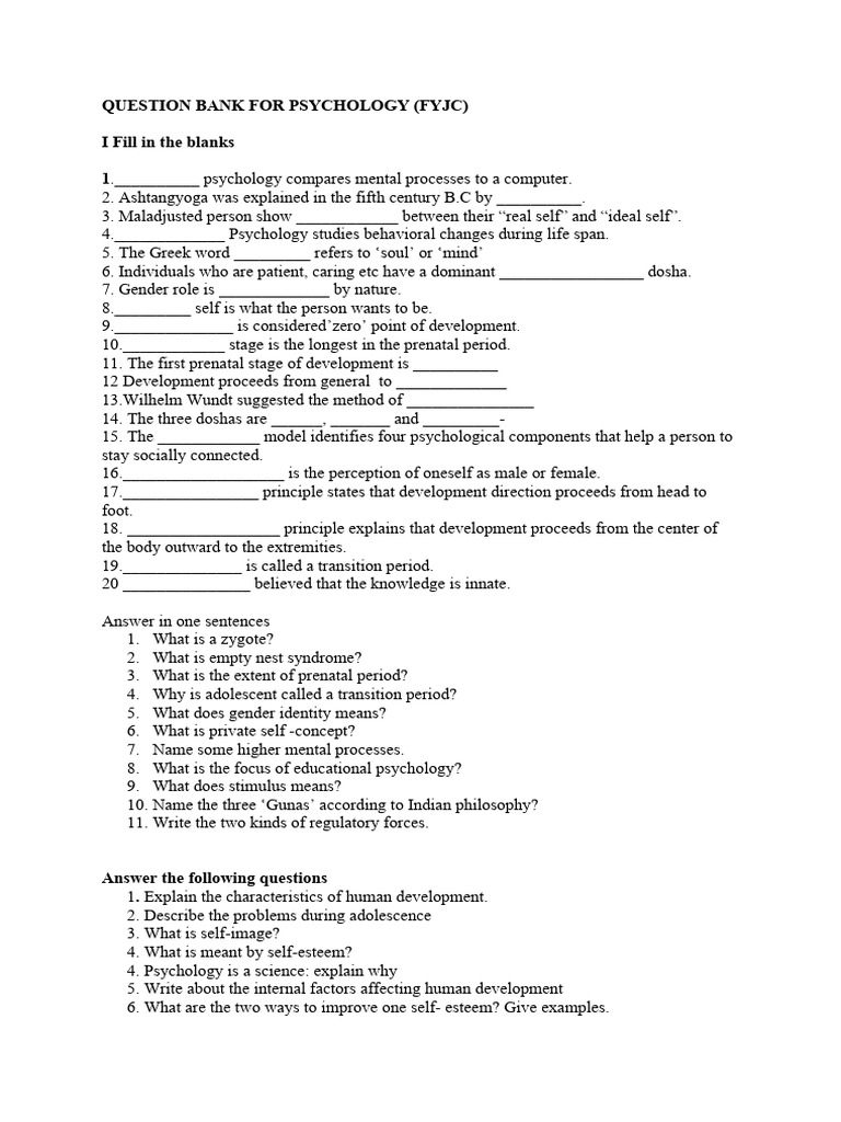 Psychology Question Bank for FYJC | PDF | Psychology | Self Esteem