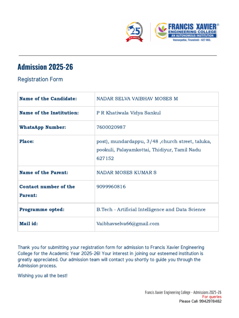 Nadar Selva Vaibhav Moses M Admissions 2025-26 Enquiry | PDF