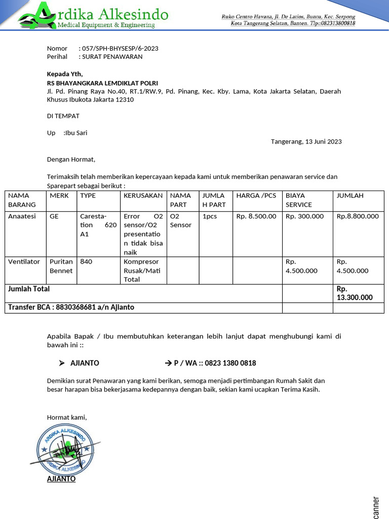 Ardika Surat Penawaran Sespima | PDF