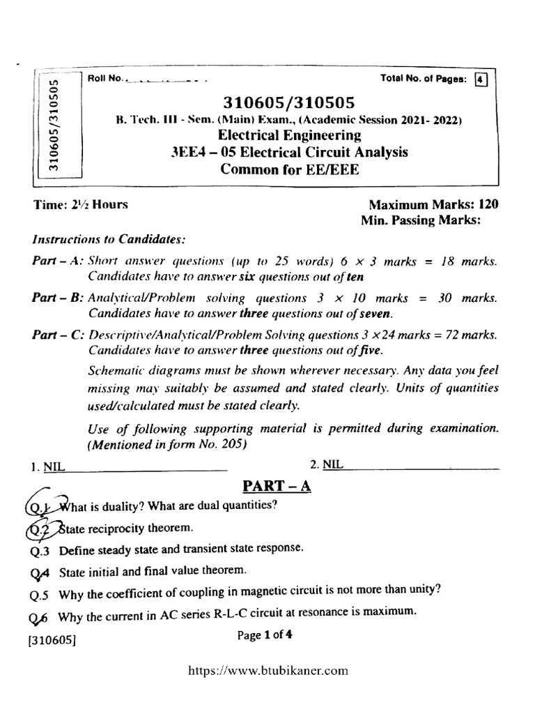 Btech Ee Eee 3 Sem Electrical Circuit Analysis 310605 2022 | PDF
