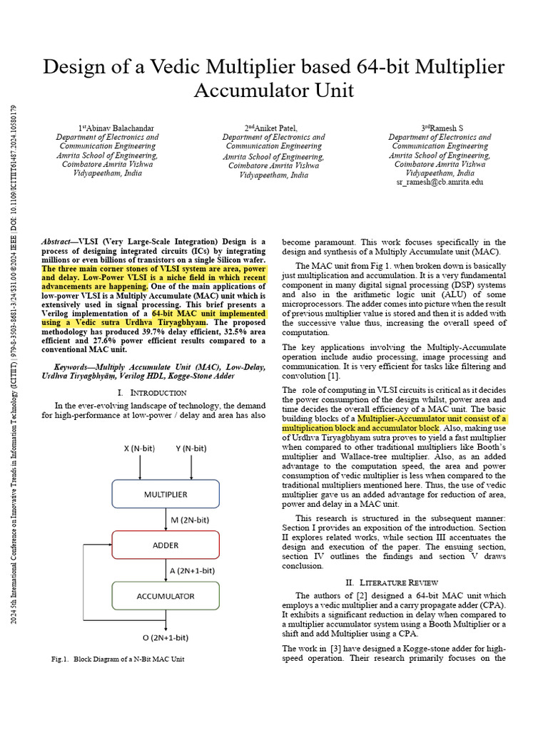 Design of a Vedic Multiplier Based 64-Bit Multiplier Accumulator Unit | PDF | Multiplication ...