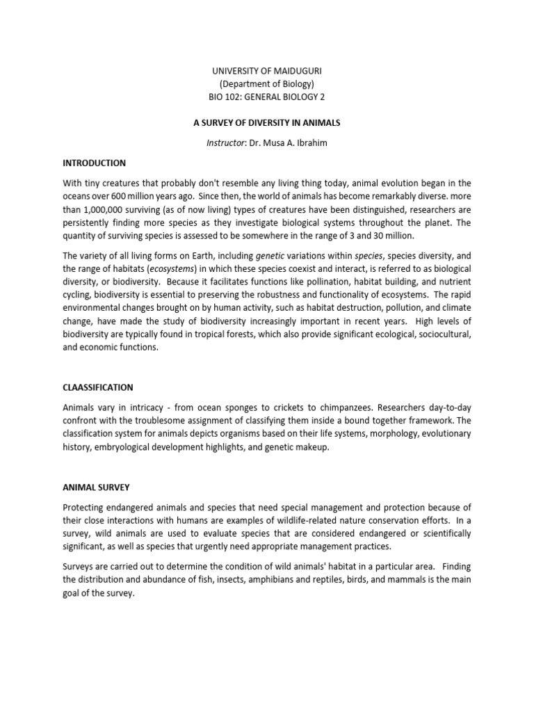 Bio 102 Lecture On Survey of Animals Diversity | PDF | Sampling ...
