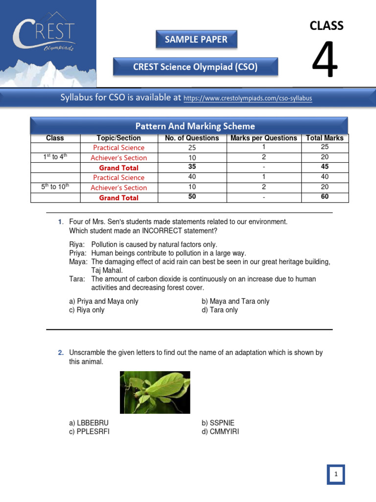 CSO Class 4 Sample Paper Guide | PDF | Water | Solubility