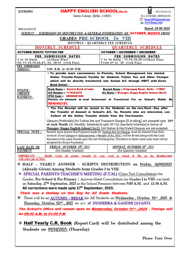 68ec9e1ae669c - October Month Circular From Grades Pre-School To Viii | PDF