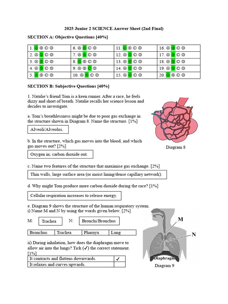 Science Exam For Semester 2 2025 (Answer Sheet For Teacher) | PDF ...