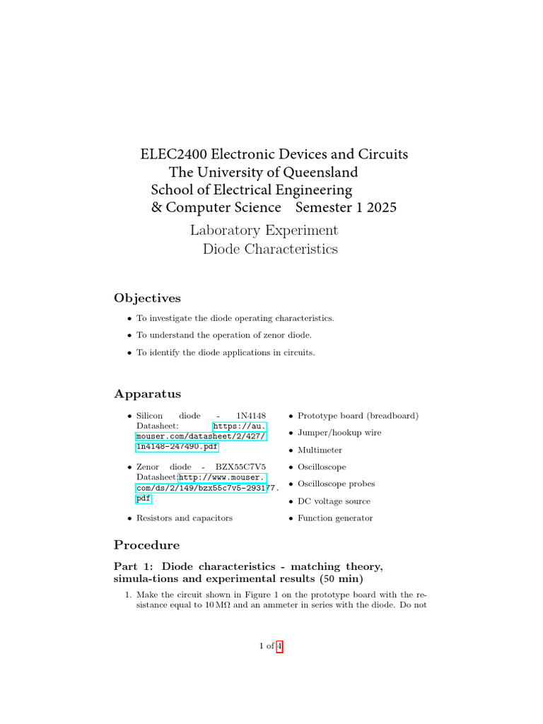 Lab 1 ELEC2400 Procedure | PDF | Diode | Rectifier