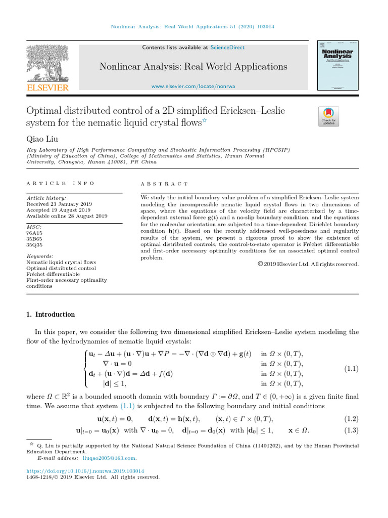 Optimal distributed control of a 2D simplified Ericksen–Leslie system ...