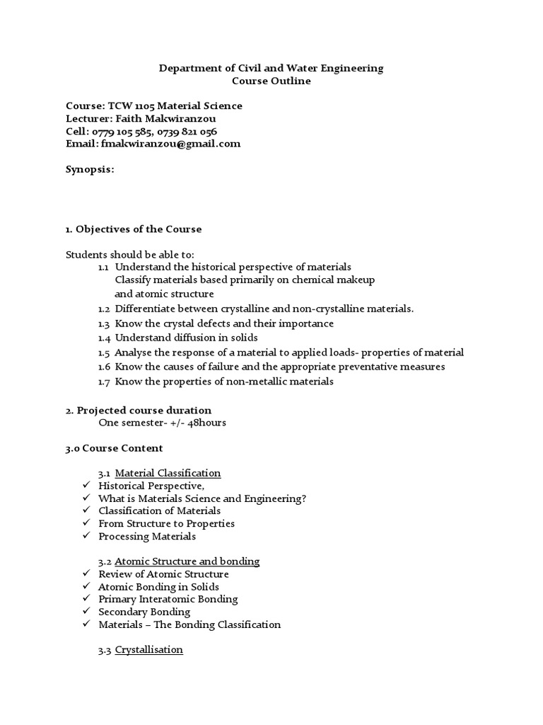Material Science Course Outline TCW 1105 | PDF | Materials Science ...