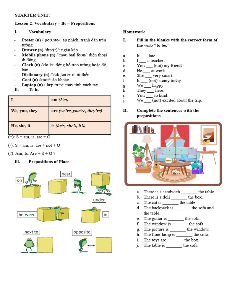 Homework Grammar W2 - Be-Prepositions | PDF