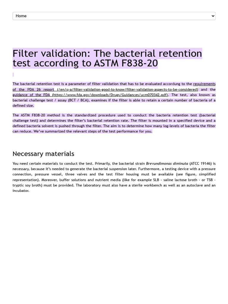 ASTM F838-20 Bacterial Retention Test Guide | PDF | Bacteria | Biology