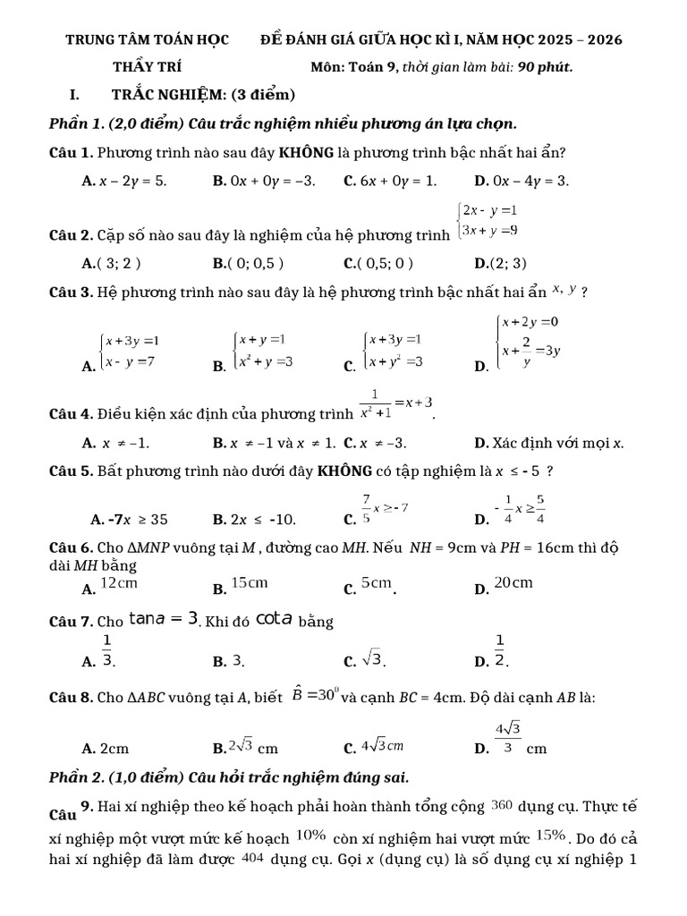 KT Giua HK1 Toan 9 2025-2026 | PDF